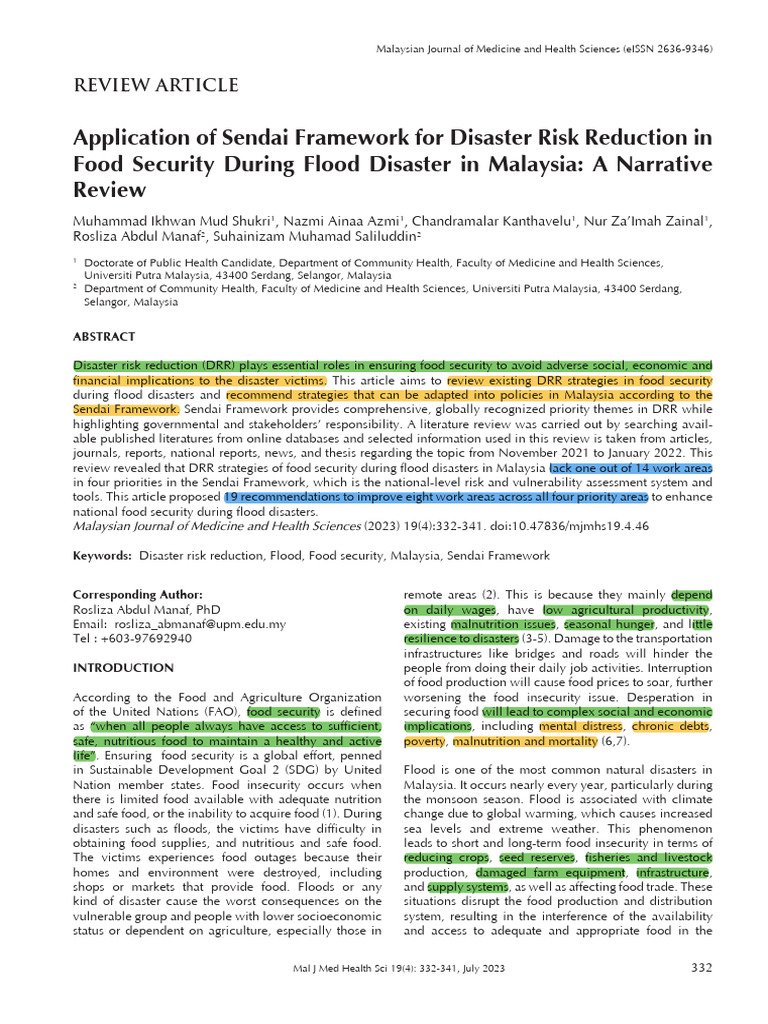 Application of Sendai Framework For Disaster Risk Reduction in Food ...