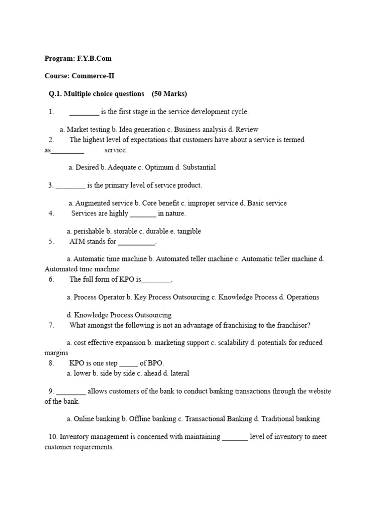 Commerce-II MCQ Question Bank | Download Free PDF | Retail | Automated Teller Machine