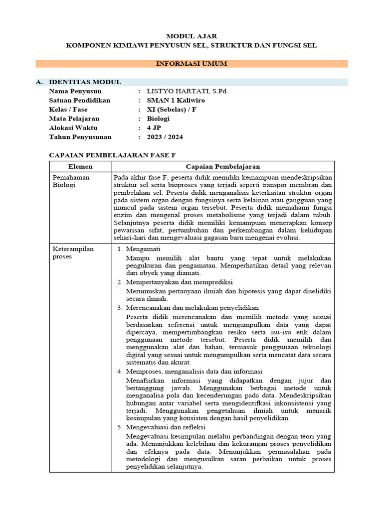 Modul 1 - Sstruktur Dan Fungsi Sel. | PDF