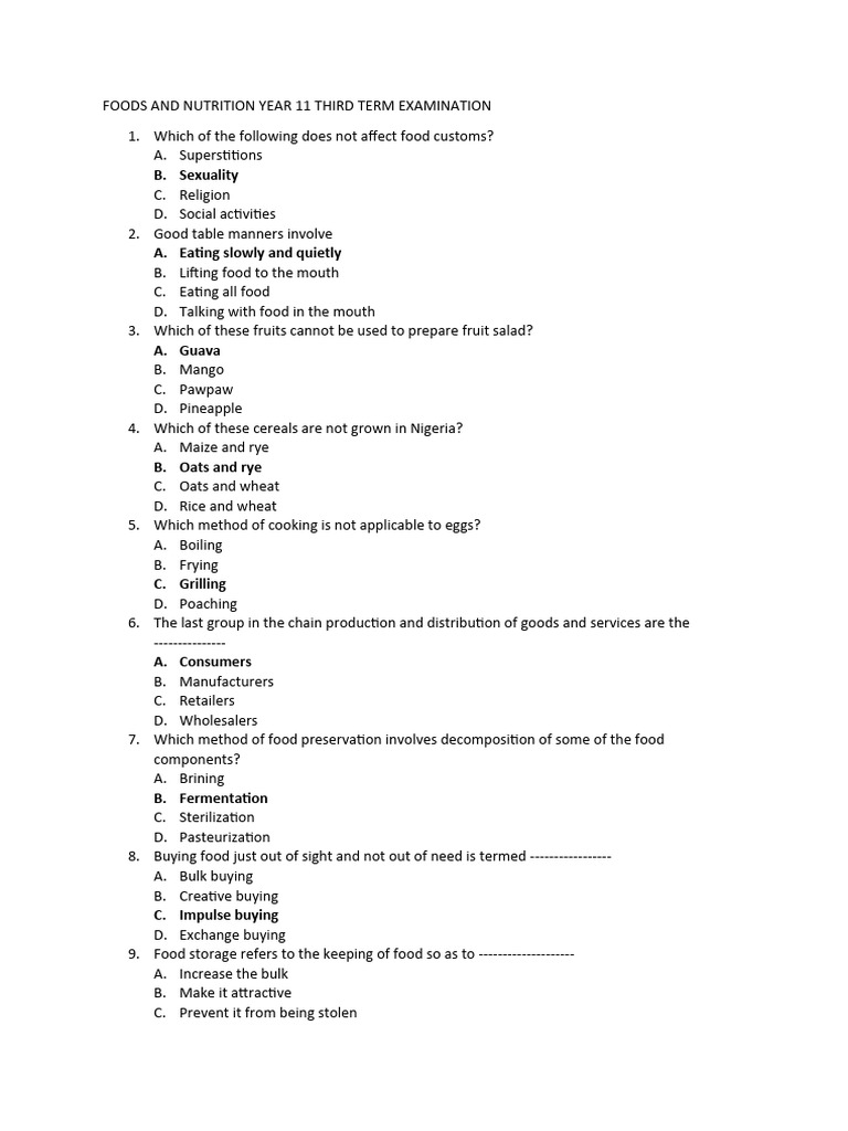 Third Term Exam Foods And Nutrition Year 11 Pdf Foods Cooking