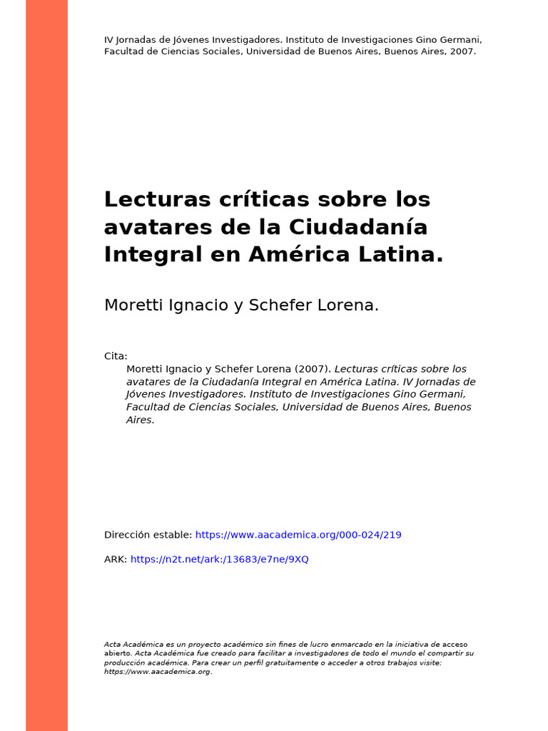 Moretti Ignacio y Schefer Lorena (2007) - Lecturas Críticas Sobre Los Avatares de La Ciudadanía ...