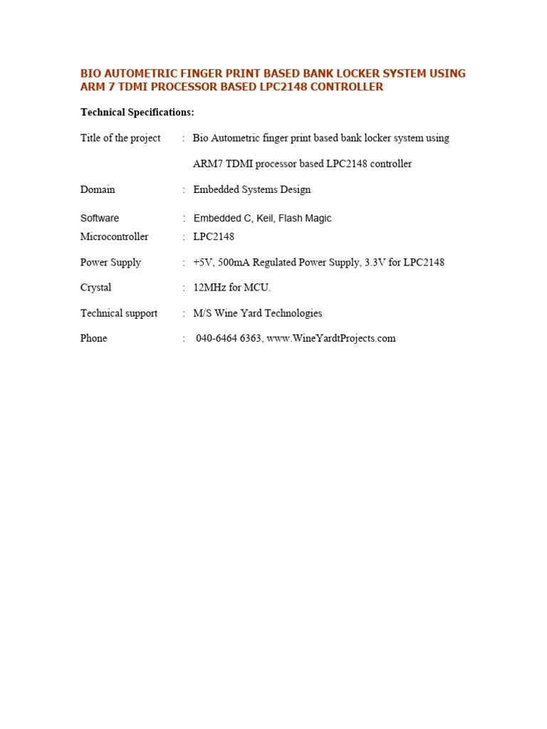 Biometric Finger Print Based Bank Locker System Using ARM 7 TDMI Processor LPC2148 | PDF ...