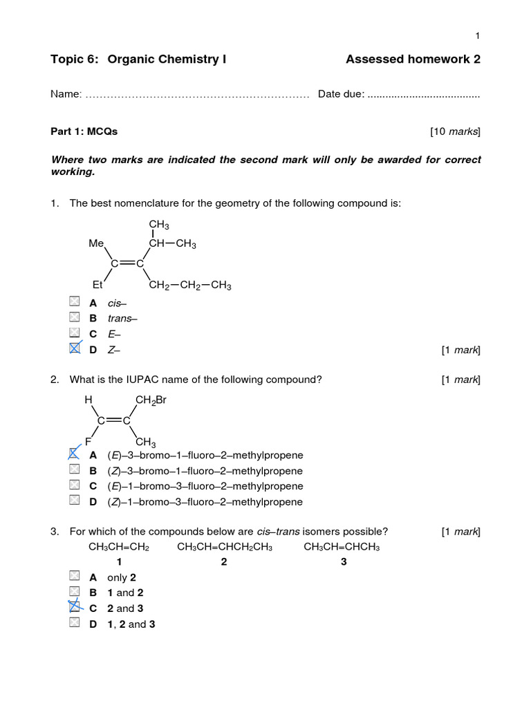 Organic Chemistry I Homework Assessment | PDF | Alkene | Hydrocarbons