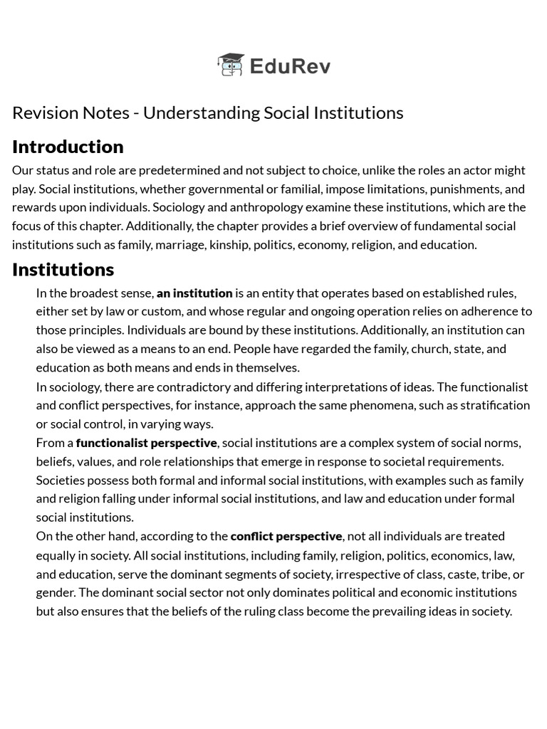 Understanding Social Institutions - Sociology Class 11 - Humanities ...
