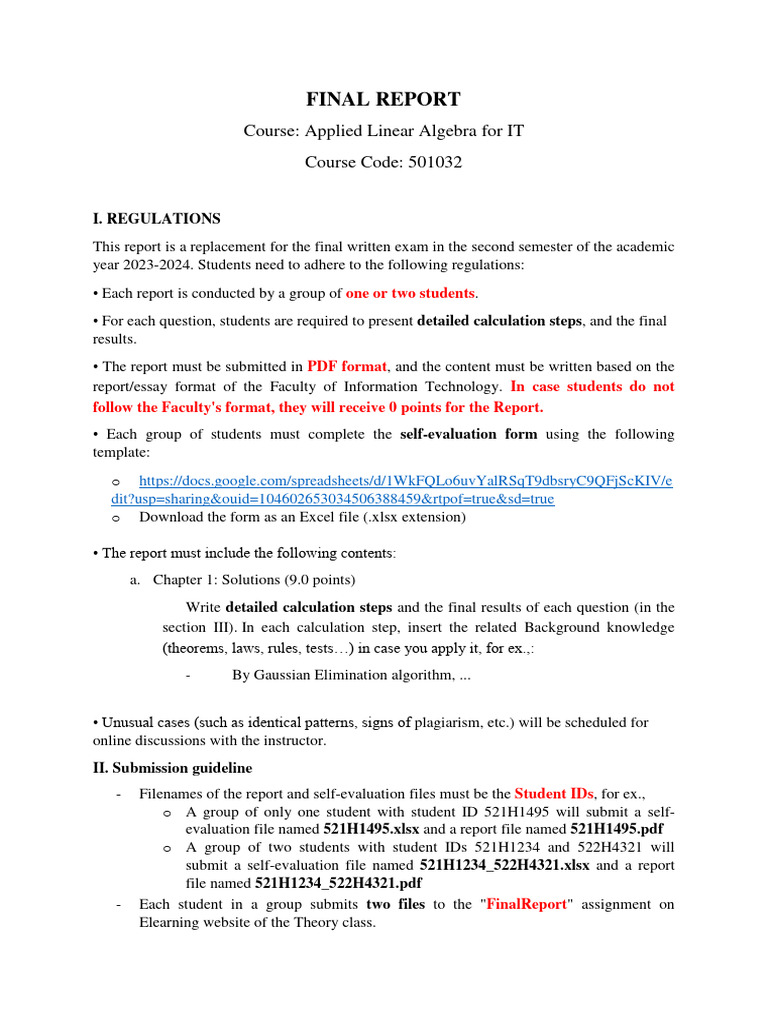 Applied Linear Algebra Final Report Guidelines | PDF | Basis (Linear ...