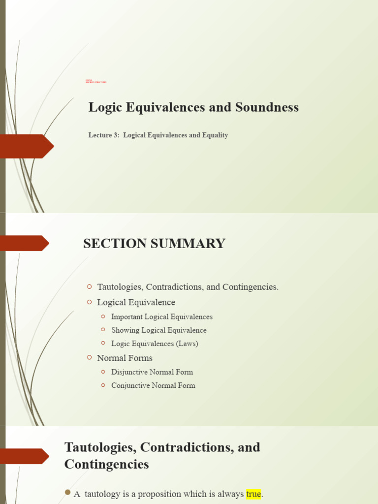 Lecture 3 - Logic Equivalences and Soundness | PDF | Metalogic | Boolean Algebra