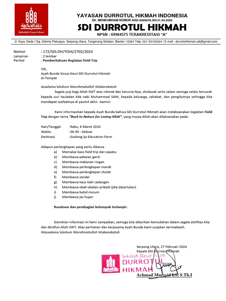 Surat Pemberitahuan Field Trip Kelas 1 | PDF