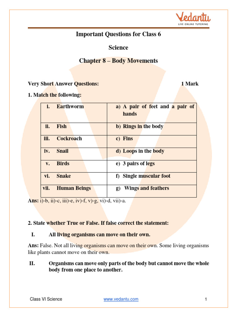 CBSE Class 6 Science Chapter 8 - Body Movements Important Questions ...