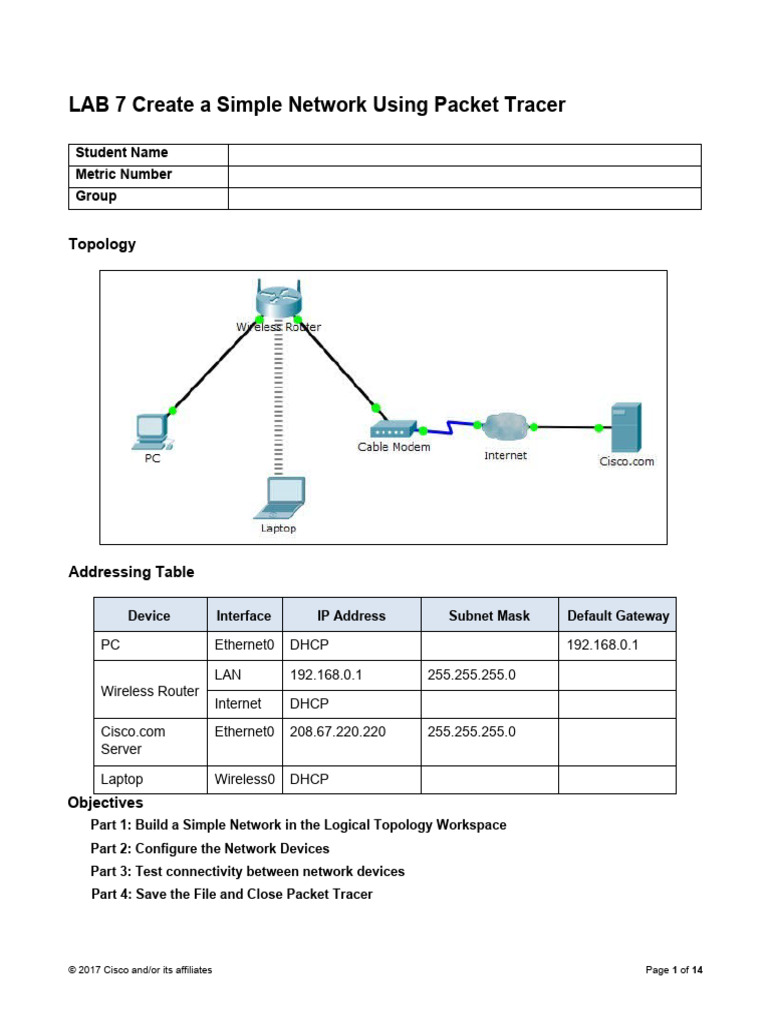 Lab 7 - Create a Simple Network | PDF | Ip Address | Computer Network