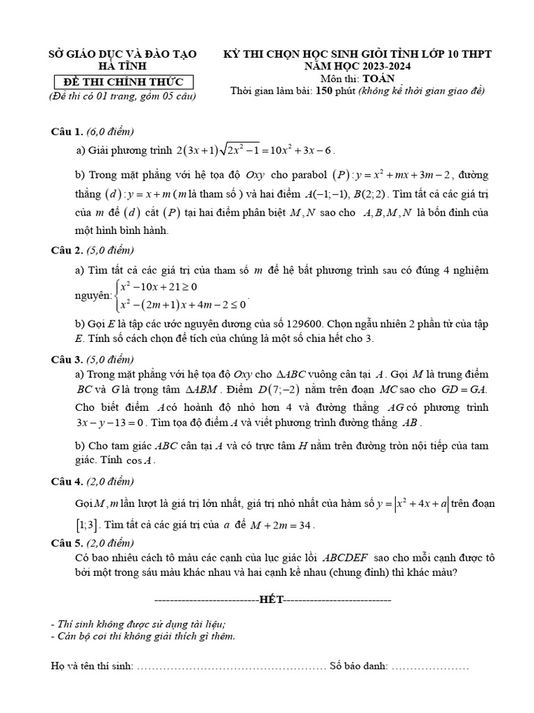 De Hoc Sinh Gioi Tinh Toan 10 Nam 2023 2024 So Gddt Ha Tinh | PDF