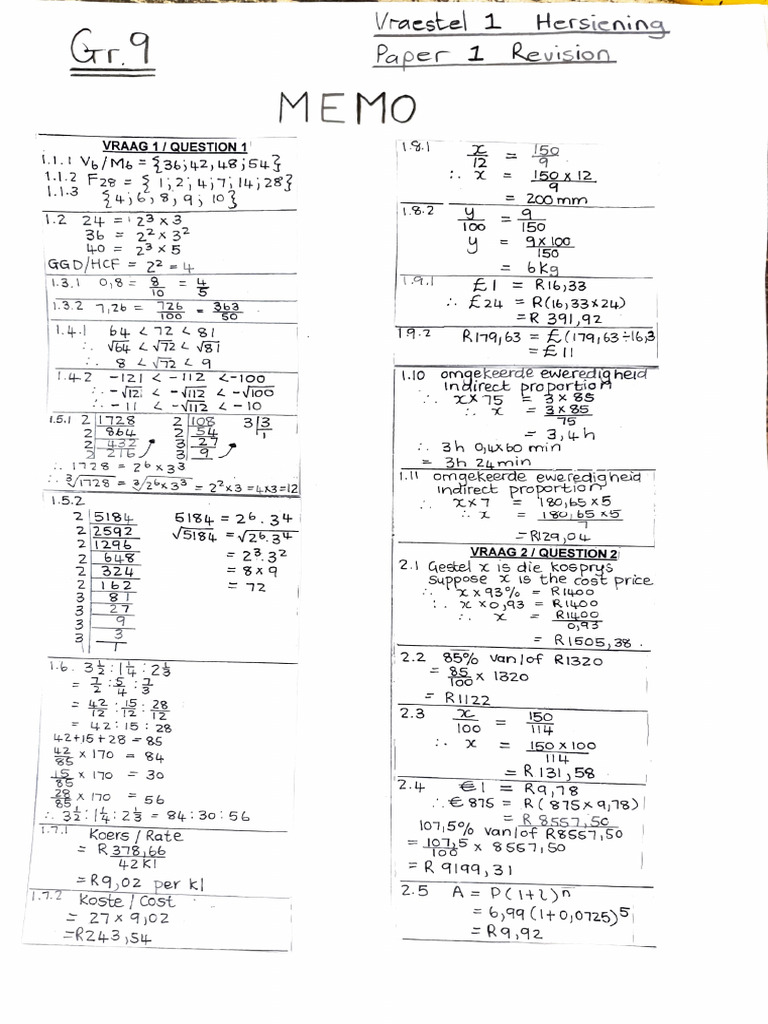 Gr.9 P1 - V1 MEMO | PDF