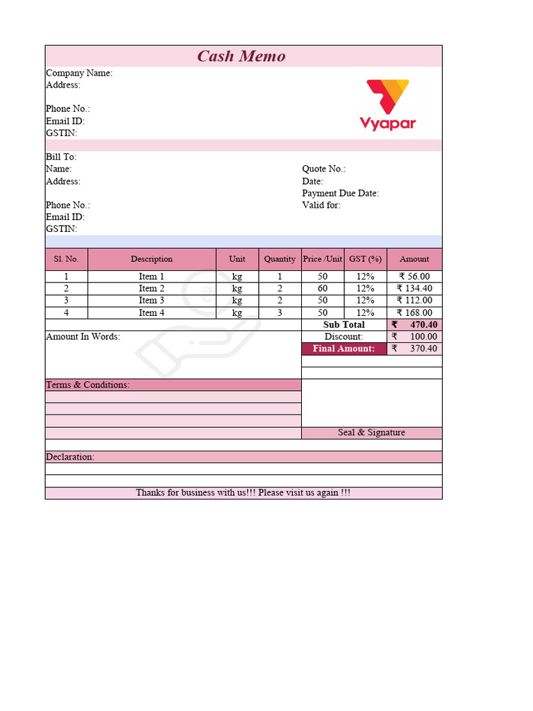 Cash Memo Bill Book Format 1 | PDF