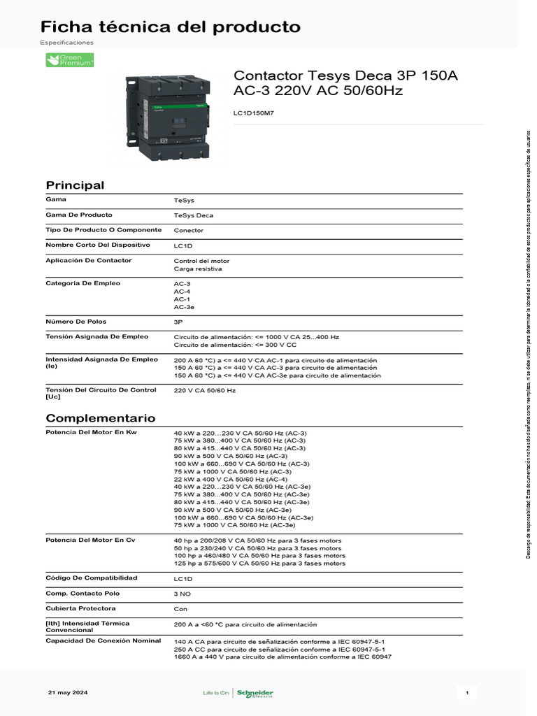 LC1D150M7 Schneider Electric - TeSys-Deca-contactors | PDF | Conector ...