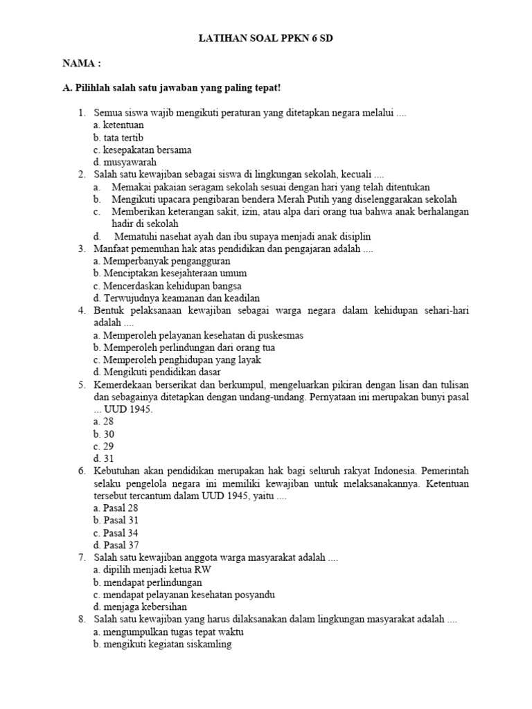 Latihan Soal PPKN 6 SD | PDF | Ilmu Sosial