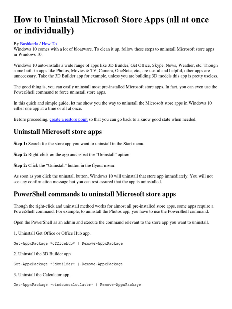 Uninstall Microsoft Store Apps in Windows 10 | PDF | Windows 10 | Mobile App