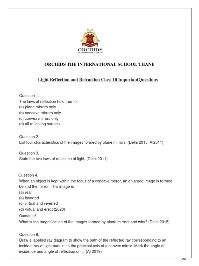 Light Reflection and Refraction Questions | PDF | Mirror | Optics