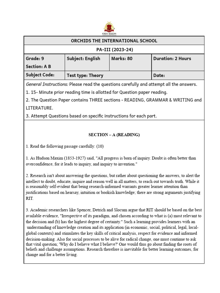 Grade 9 English Exam Paper 2023 | PDF | Critical Thinking | Evidence
