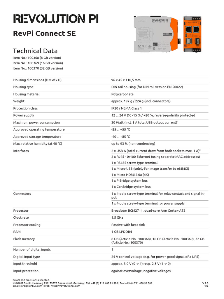 Technical Datasheet RevPi Connect SE | PDF | Usb | Power Supply