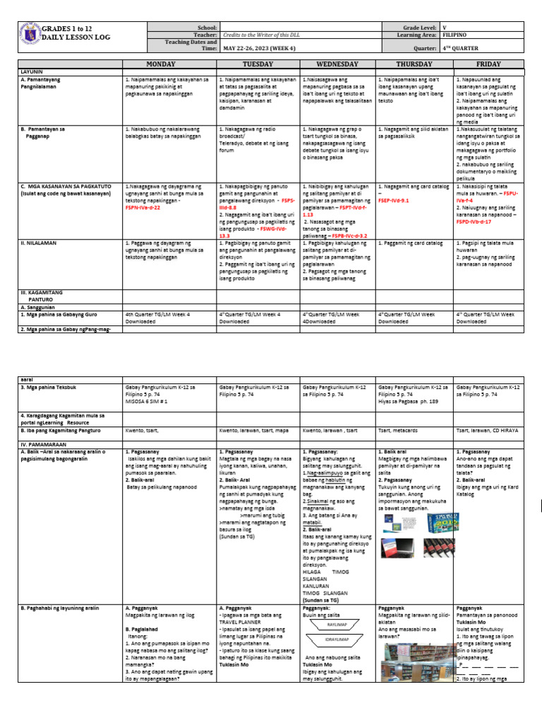 Grade 5 DLL Filipino 5 q4 Week 4 | PDF