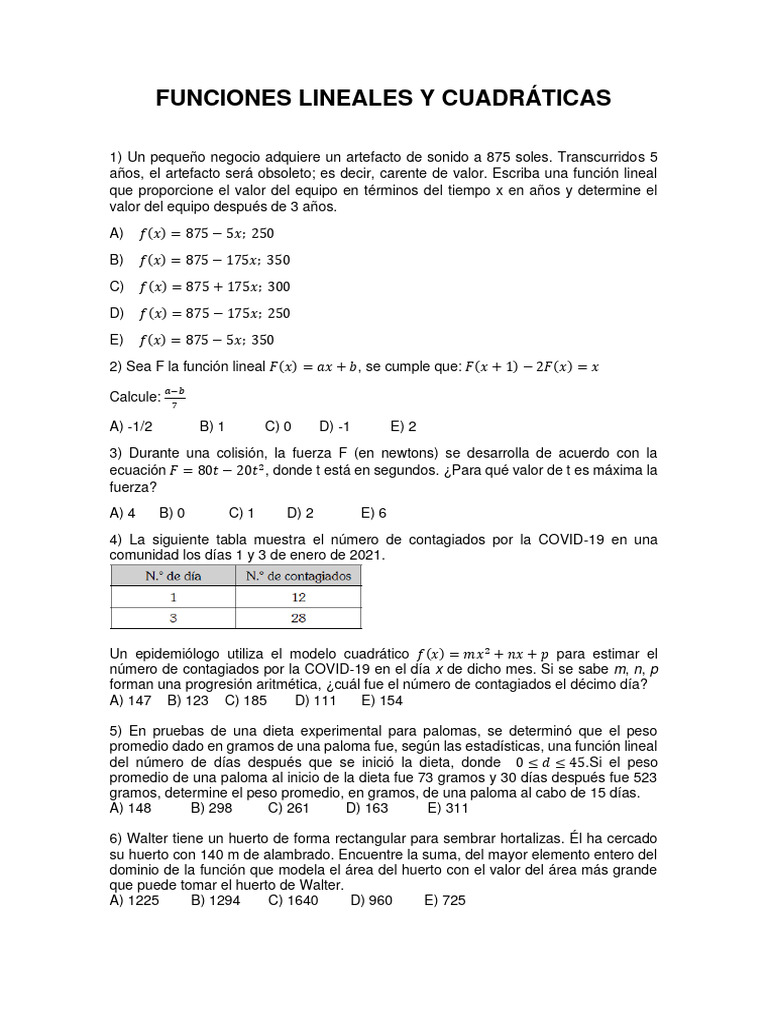 FUNCIONES LINEALES Y CUADRÁTICAS | PDF | Función (Matemáticas) | Análisis matemático