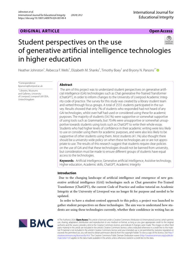 Student Perspectives On The Use of Generative Artificial Intelligence Technologies in Higher ...