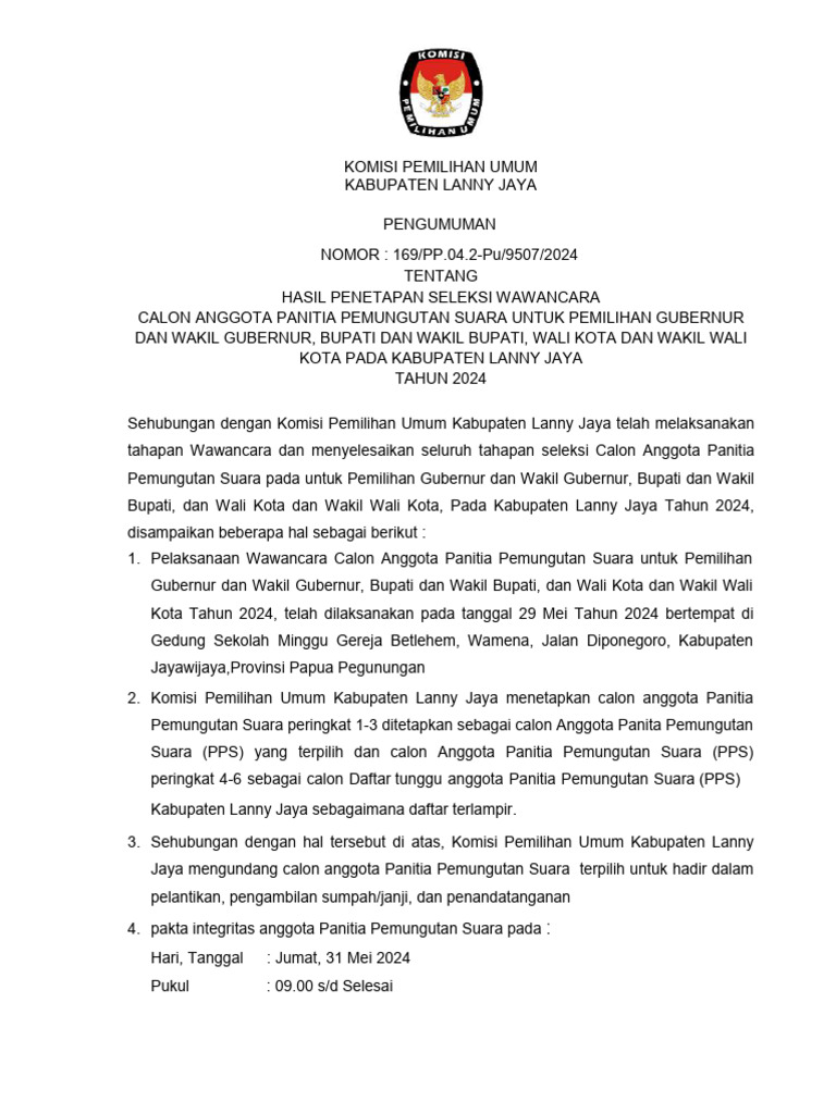 Hasil Seleksi PPS Lanny Jaya 2024 | PDF