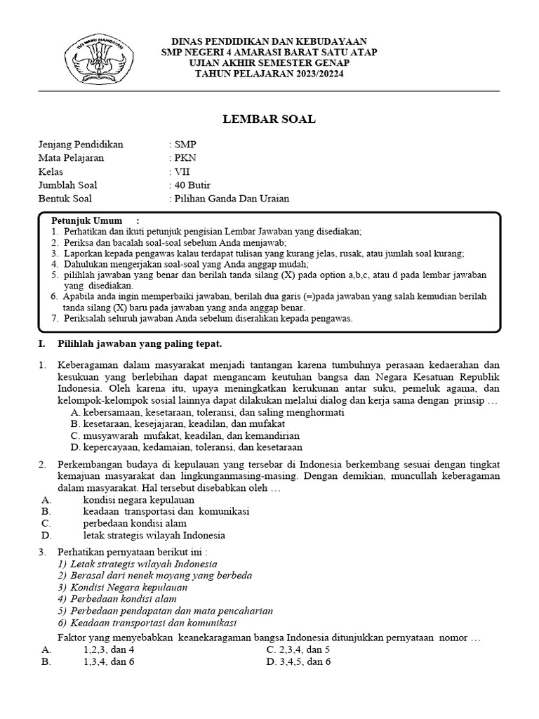 Soal PKN Kelas Vii Semester Genap 2024 | PDF | Ilmu Sosial