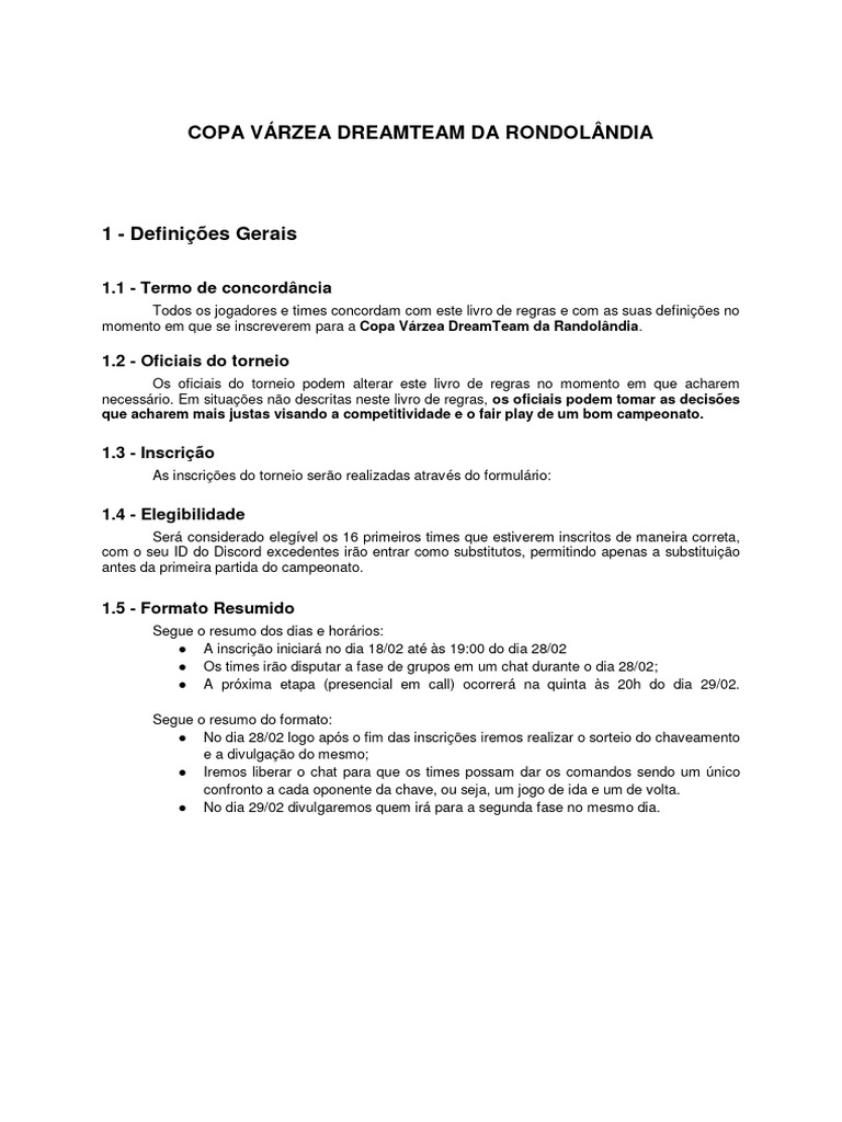 Regras da Copa Várzea DreamTeam | PDF | Concorrência