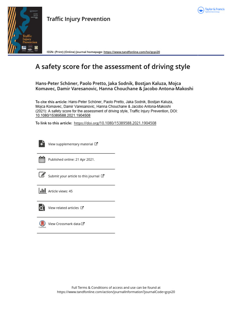 A Safety Score For The Assessment of Driving Style: Traffic Injury ...