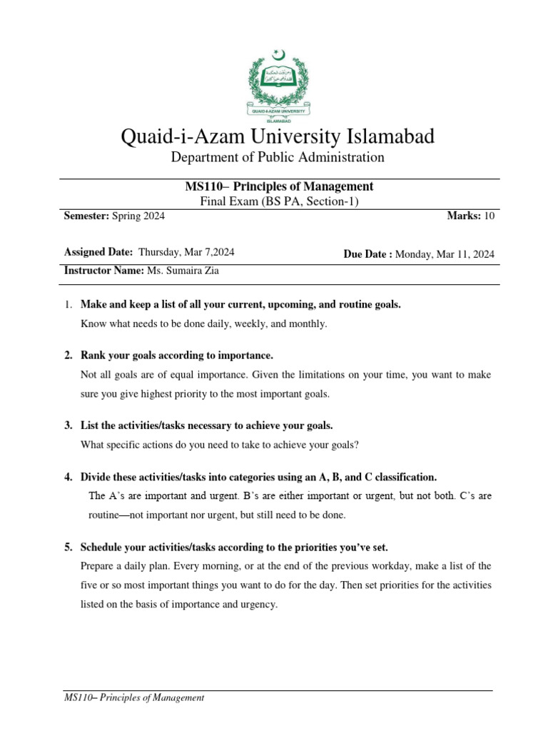Assignment No 1 Pdf Time Management Professional Skills
