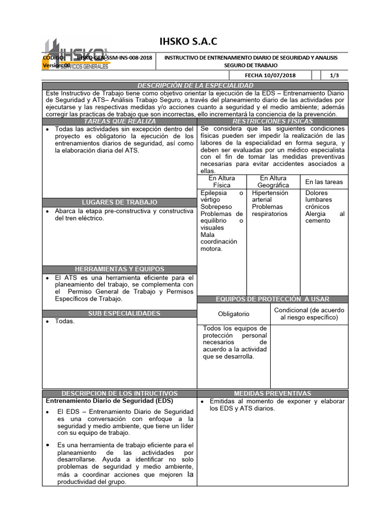 Ihsko Gen SSM Ins 008 2018 Trabajo Seguro | PDF