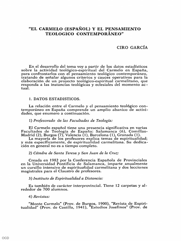 El Carmelo Español y El Pensamiento Teológico Contemporáneo | PDF ...