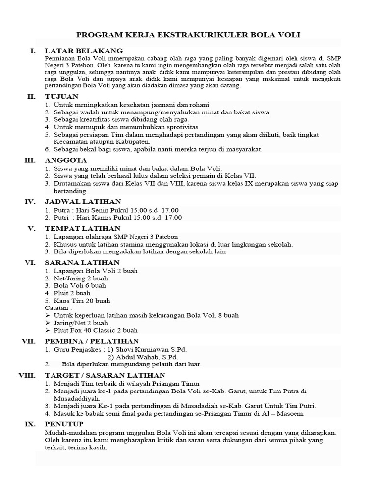 Program Kerja Ekstrakurikuler Bola Voli | PDF