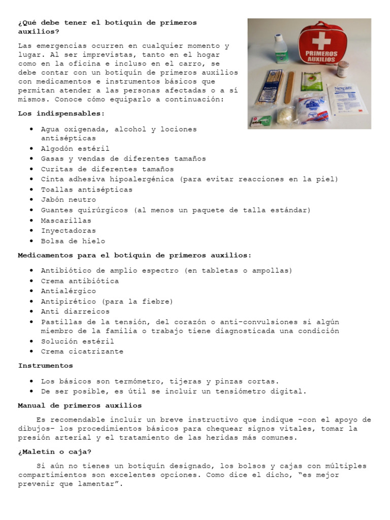 Botiquín de Primeros Auxilios | PDF | Primeros auxilios