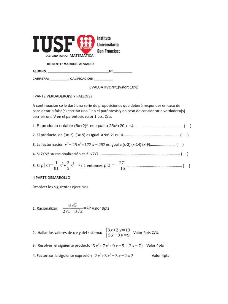 Evaluación de Matemática I: Verdadero y Falso | PDF