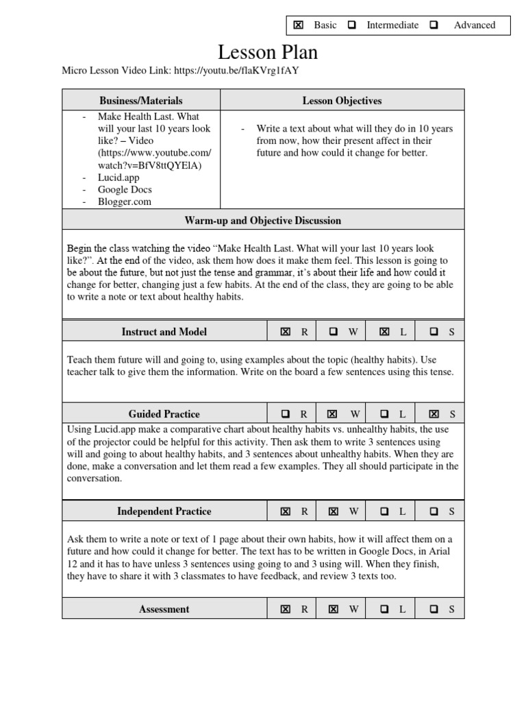 Lesson Plan Healthy Habits FINAL G | PDF | Lesson Plan | Cognition