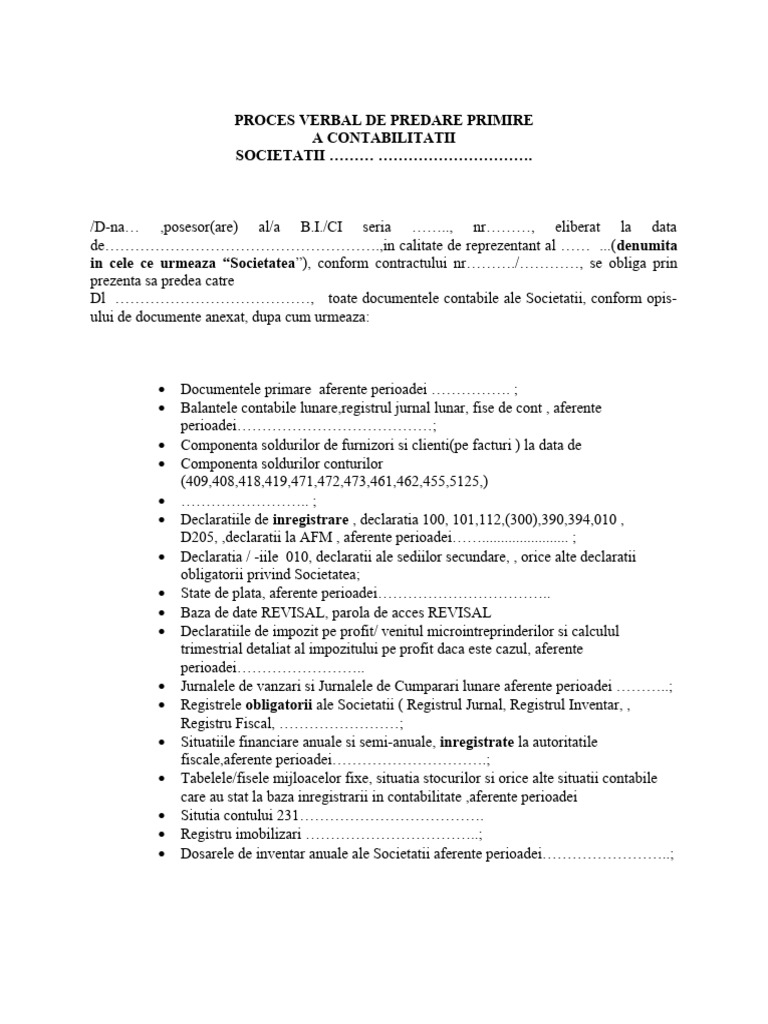 Proces Verbal de Predare Primire - Contabilitate | PDF