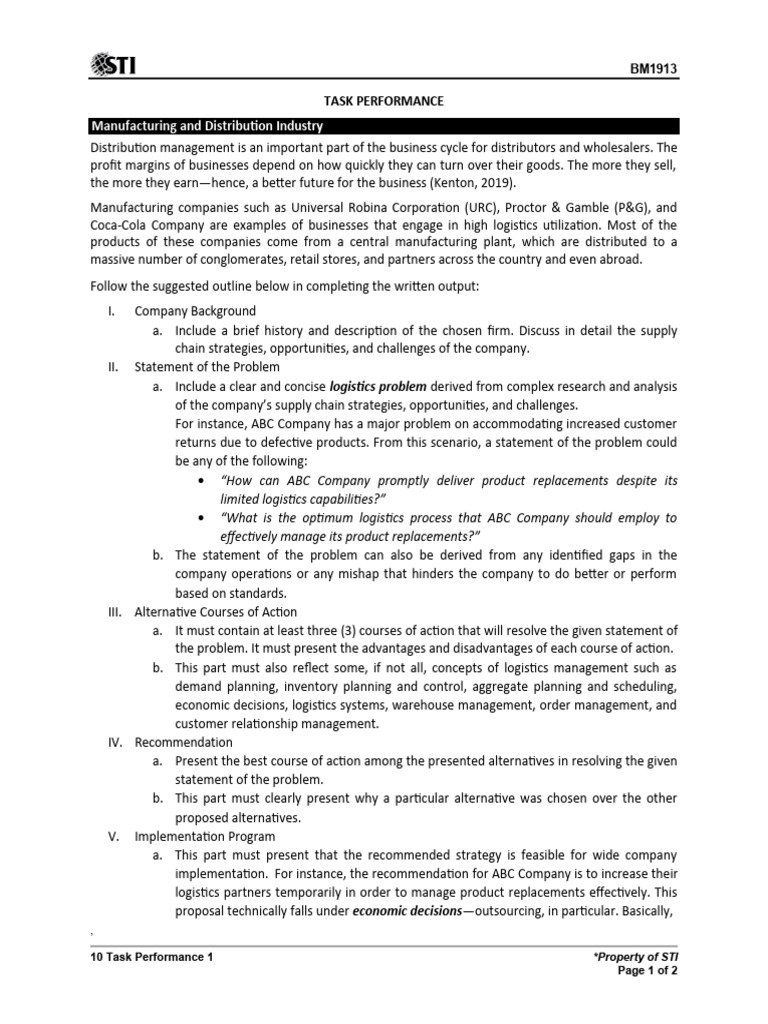 10 Task Performance 1 | PDF | Logistics | Business