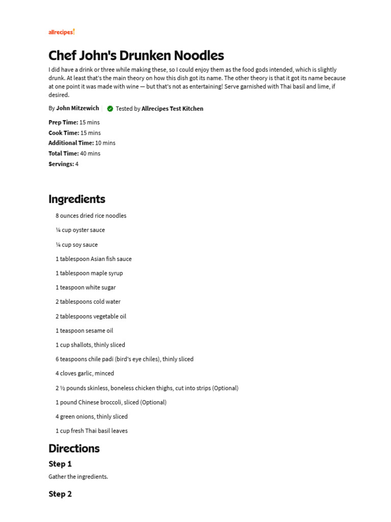Chef John's Drunken Noodles Recipe | PDF | Stir Frying | Thai Cuisine