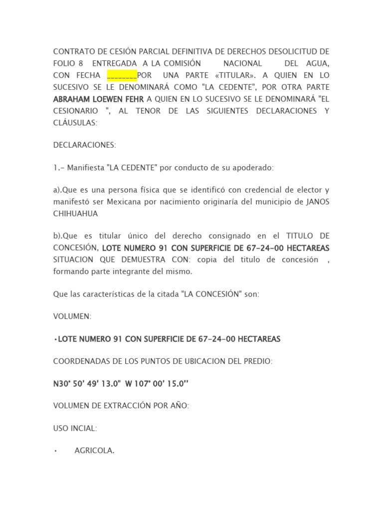 Contrato de Cesión de Derechos Conagua Abraham Loewen Fehr | Descargar ...