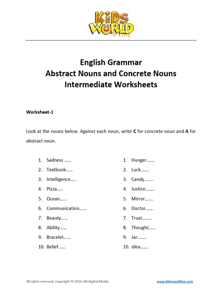 Abstract & Concrete Nouns Worksheet | PDF