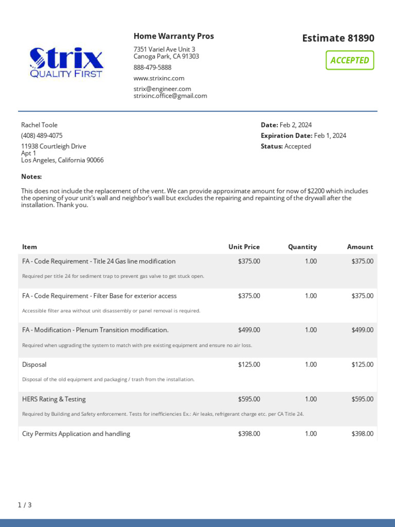 Home Warranty Estimate Breakdown | PDF | Technology & Engineering