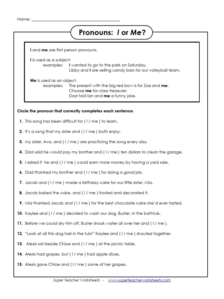 Pronoun Usage: I vs. Me Worksheet | PDF | Poetry