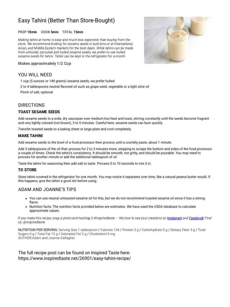 Easy Tahini (Better Than Store-Bought) | PDF | Sesame | Nutrition Facts ...