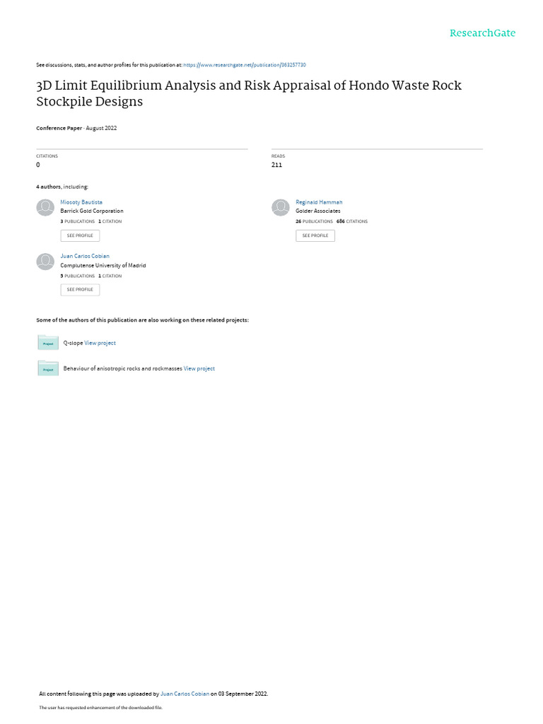 3D Limit Equilibrium Analysis and Risk Appraisal of Hondo Waste Rock ...