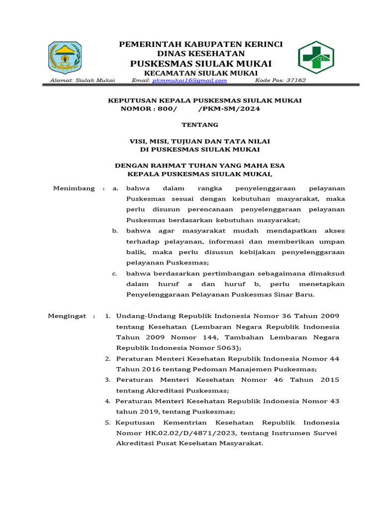 SK Visi, Misi, Tujuan Dan Tata Nilai | PDF