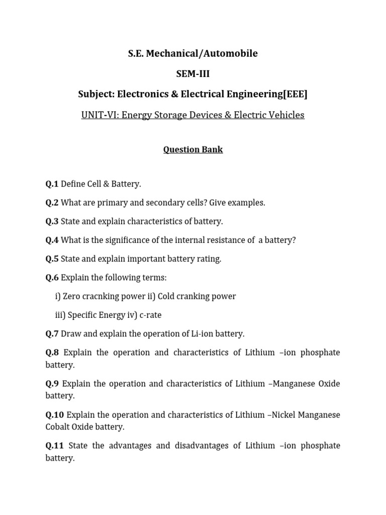 EEE Unit VI Question Bank Energy Storage Device & Electric Drives | PDF