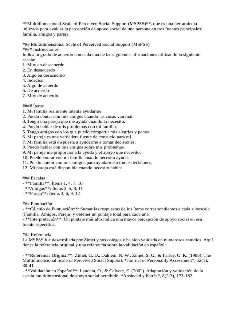 Multidimensional Scale of Perceived Social Support (MSPSS) | PDF | Crecimiento personal y ...