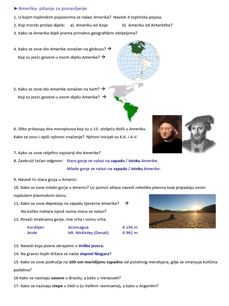 Amerika - Pitanja I Zadaci Za Ponavljanje | PDF