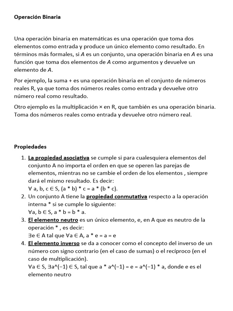Conceptos de Operaciones Binarias en Álgebra | PDF | Grupo (Matemáticas ...